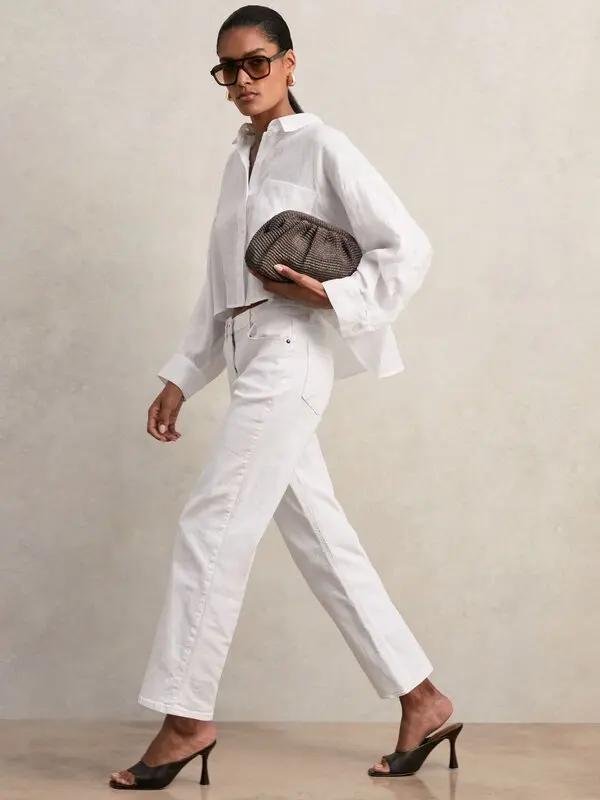 REISS Linen Oversize Cropped Shirt - White
