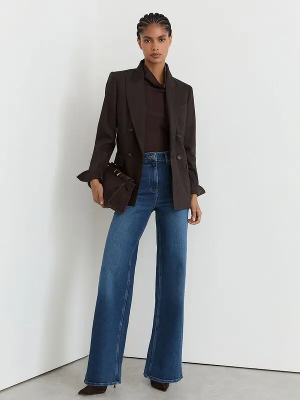 REISS Cotton- Wide-leg Jeans - Mid Blue