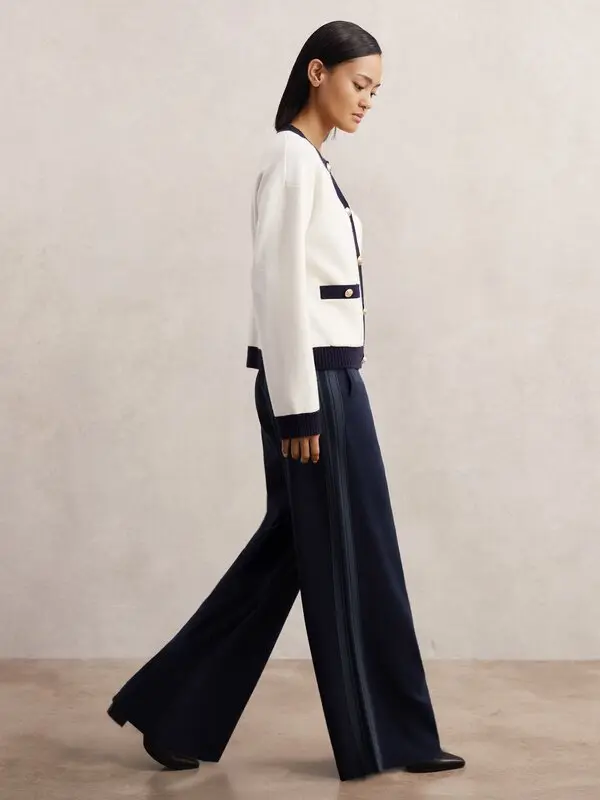 REISS Knitted Wide-leg Trousers With Side Stripes - Navy
