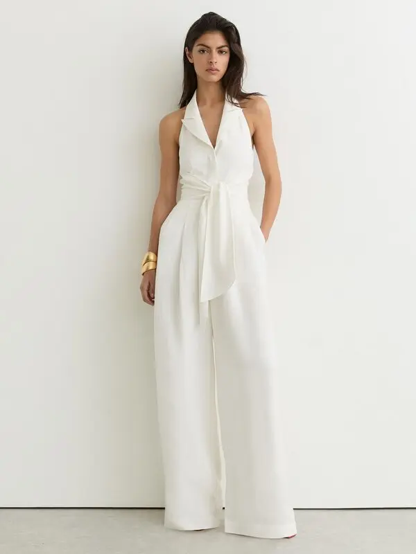 REISS Tie-front Wide-leg Jumpsuit With Linen - Cream