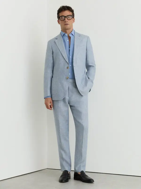 REISS Tailored Fit Linen-twill Suit Trousers - Soft Blue