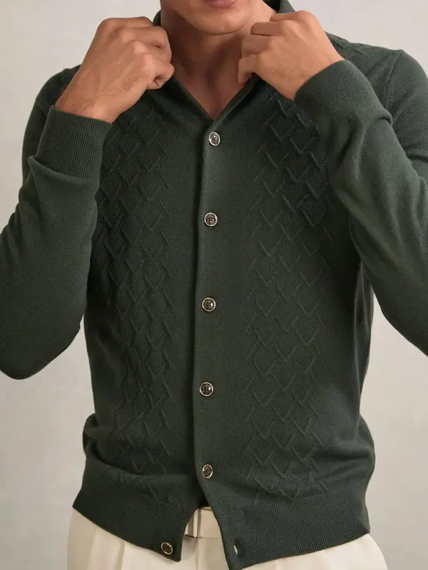REISS Wool V-stitch Button-through Cardigan - Forest Green