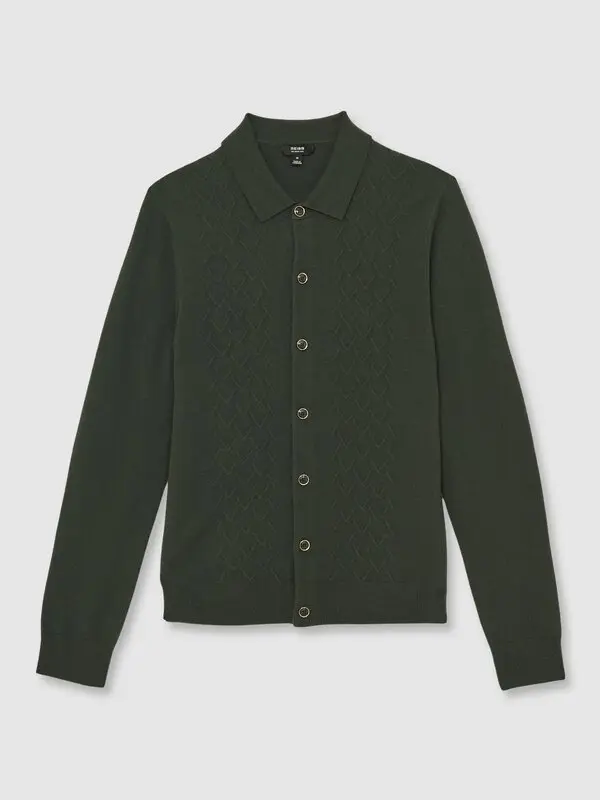 REISS Wool V-stitch Button-through Cardigan - Forest Green