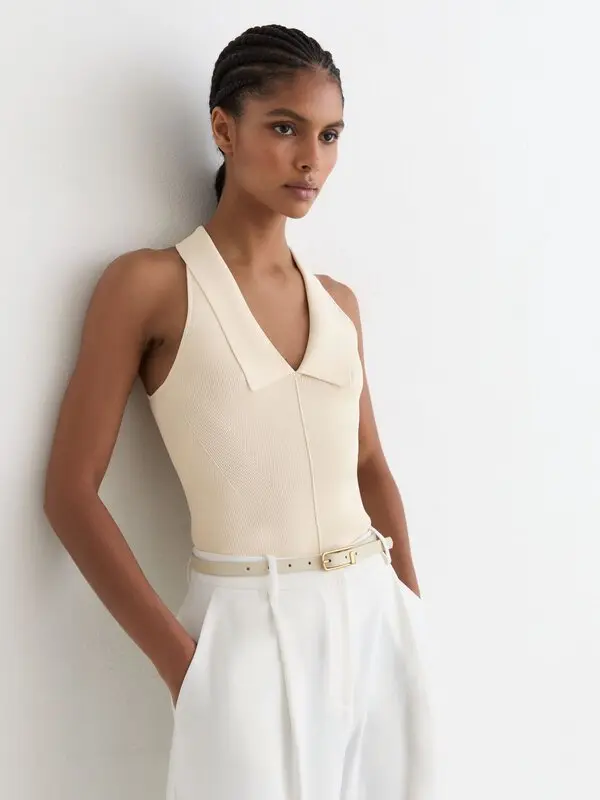 REISS Collared Rib-knit Vest - Ivory