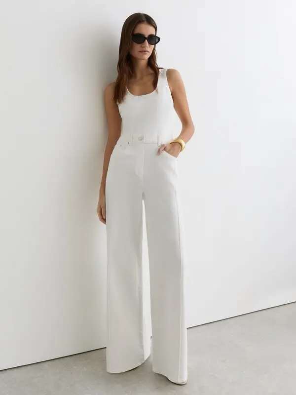 REISS Petite Wide-leg Racer-back Denim Jumpsuit - Cream