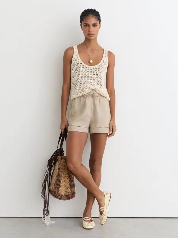 REISS Linen Ladder-embroidery Shorts - Neutral