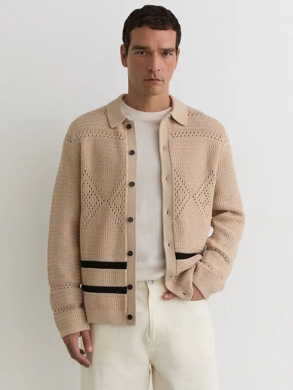 REISS Crochet-knit Button-through Jacket