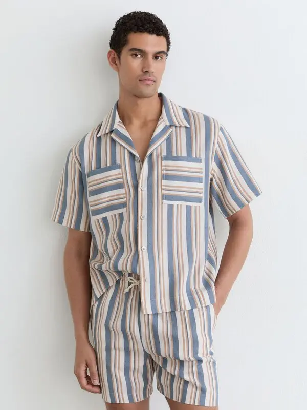 REISS Red & Stone Striped Cuban-collar Shirt - Blue/ecru
