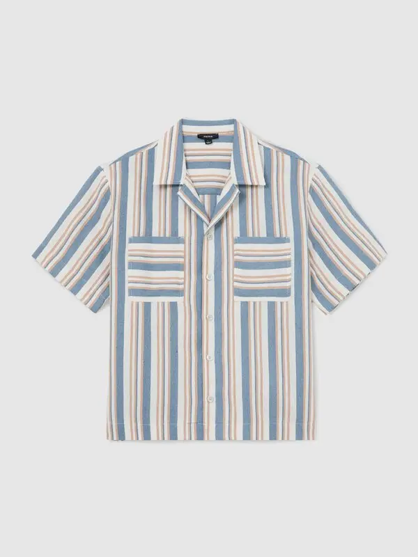 REISS Red & Stone Striped Cuban-collar Shirt - Blue/ecru
