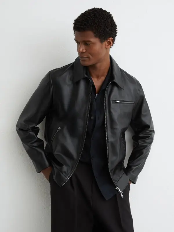 REISS Leather Zip-through Jacket - Black
