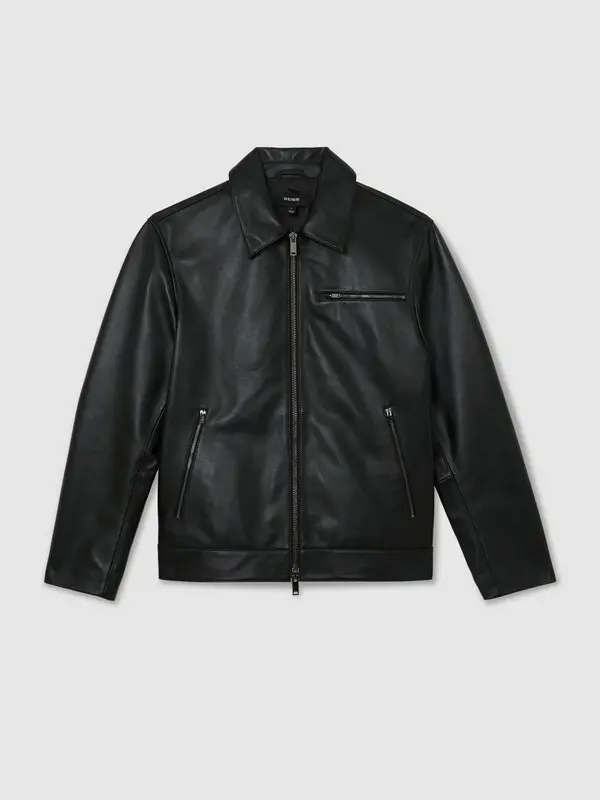 REISS Leather Zip-through Jacket - Black