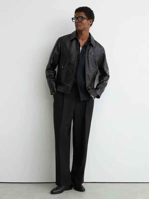 REISS Leather Zip-through Jacket - Black