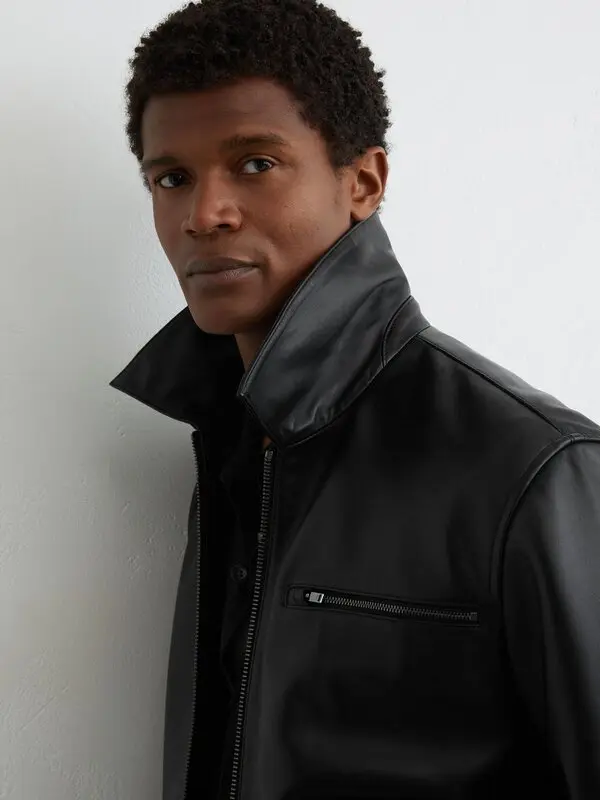 REISS Leather Zip-through Jacket - Black