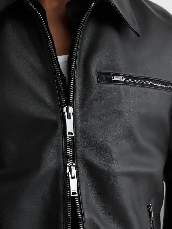 REISS Leather Zip-through Jacket - Black