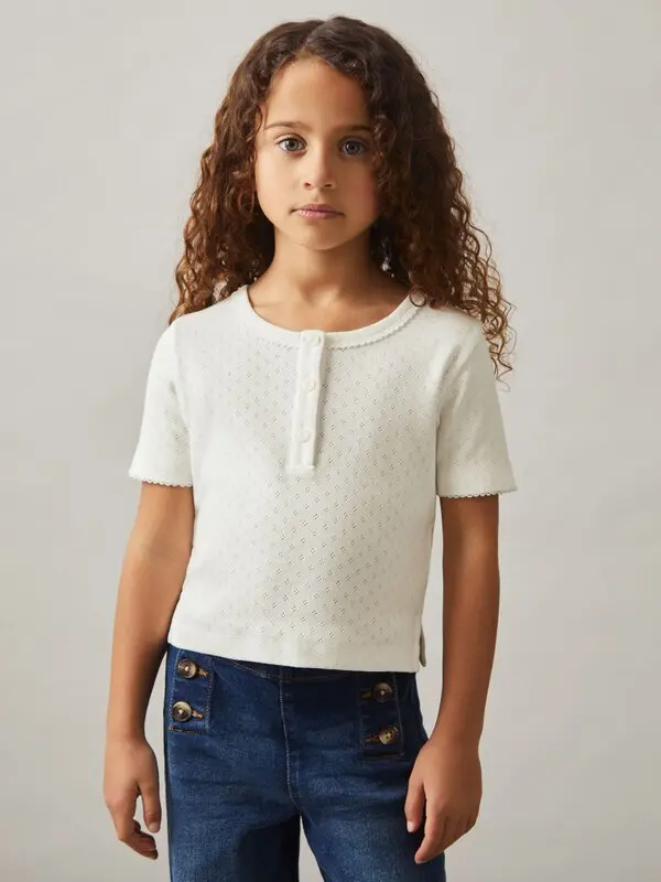 REISS 9-13 Yrs Cotton Pointelle Button T-shirt