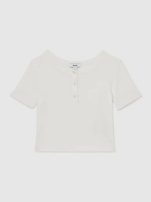 REISS 9-13 Yrs Cotton Pointelle Button T-shirt