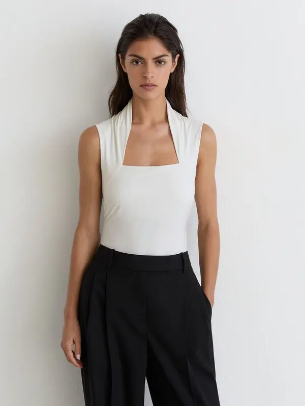 REISS Square-neck Ruched Sleeveless Top - White