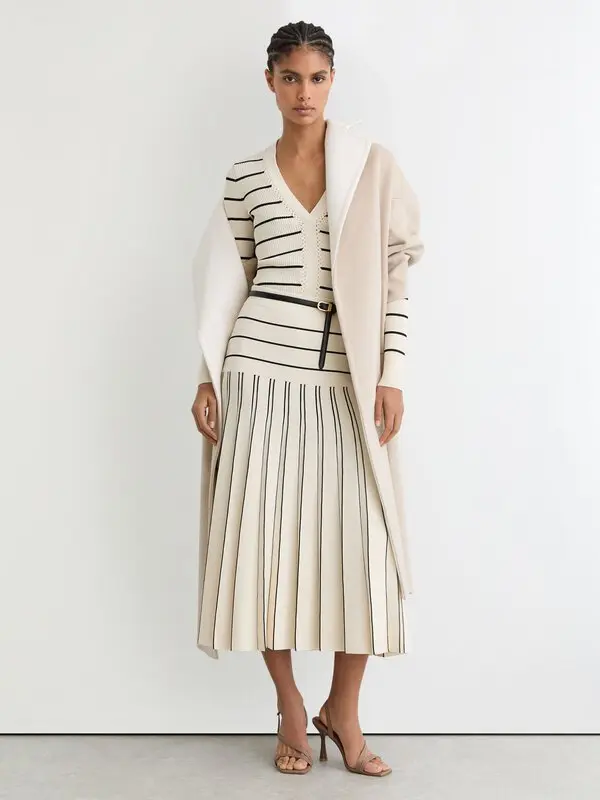 REISS Knitted Stripe Pleated Midi Skirt