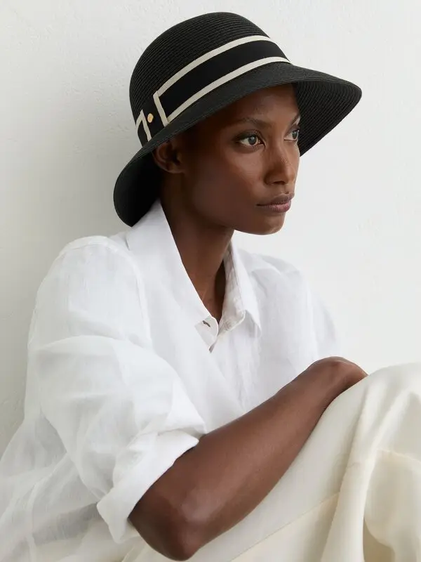 REISS Ribbon-trim Straw-effect Hat - Black