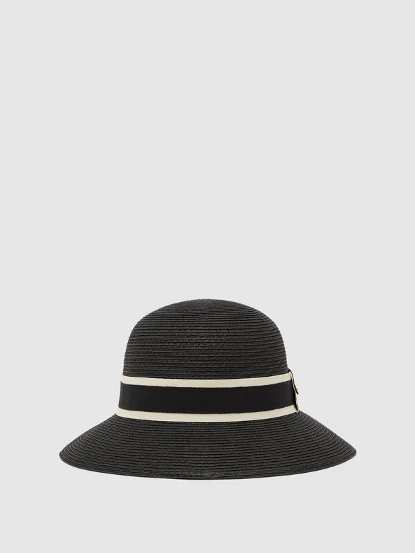 REISS Ribbon-trim Straw-effect Hat - Black