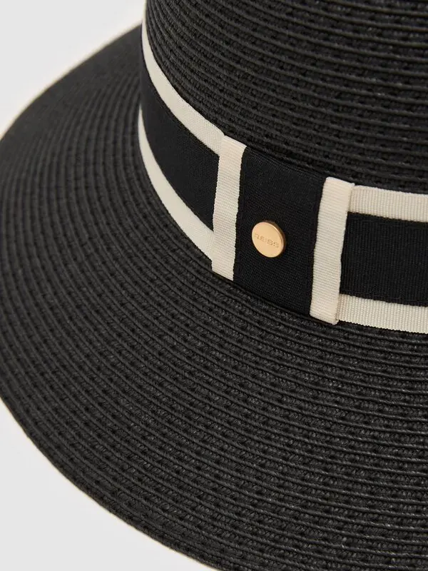 REISS Ribbon-trim Straw-effect Hat - Black