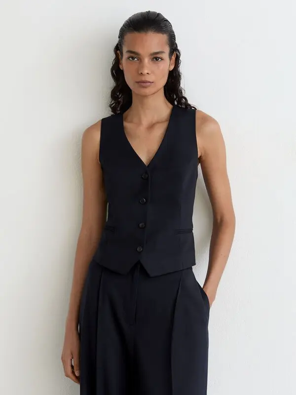 REISS Wool-blend Tailored Waistcoat - Navy