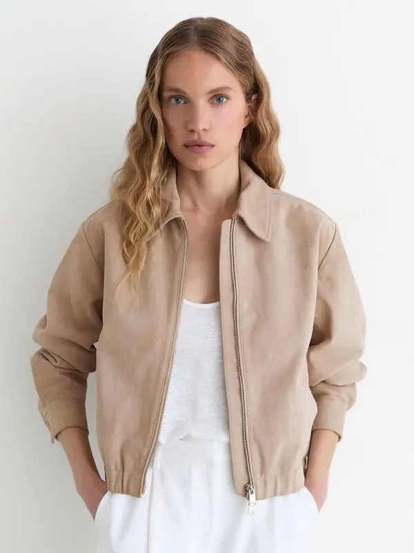 REISS Lottie Petite Cropped Bomber Jacket - Neutral