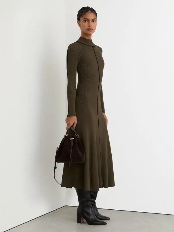 REISS Knitted Petite Contrast Stitch Midi Dress - Khaki