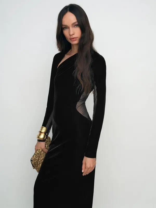 REISS Velvet Sheer-panel Cut-out Midi Dress