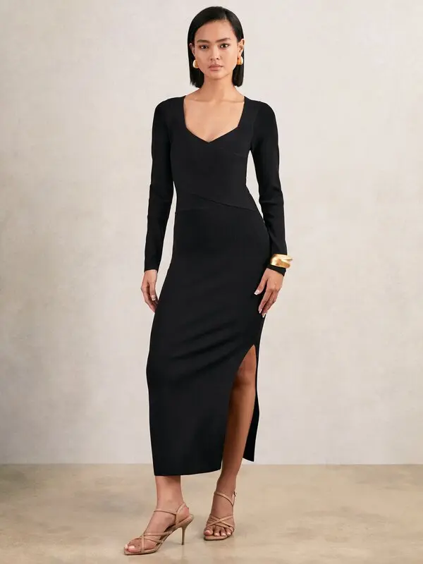 REISS Knitted Wrap Front Midi Dress - Black