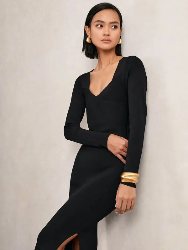 REISS Knitted Wrap Front Midi Dress - Black
