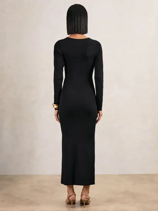REISS Knitted Wrap Front Midi Dress - Black
