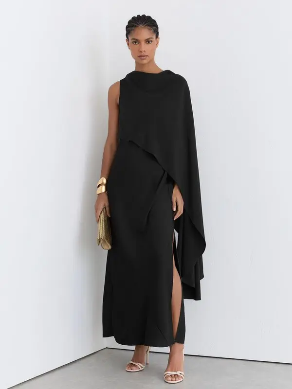 REISS Asymmetric Cape-detail Maxi Dress - Black