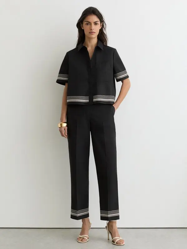 REISS Cotton Stripe-detail Tapered Trousers - Black/ivory