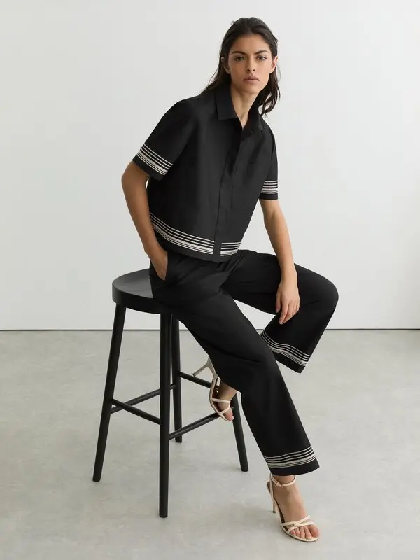 REISS Cotton Stripe-detail Tapered Trousers - Black/ivory