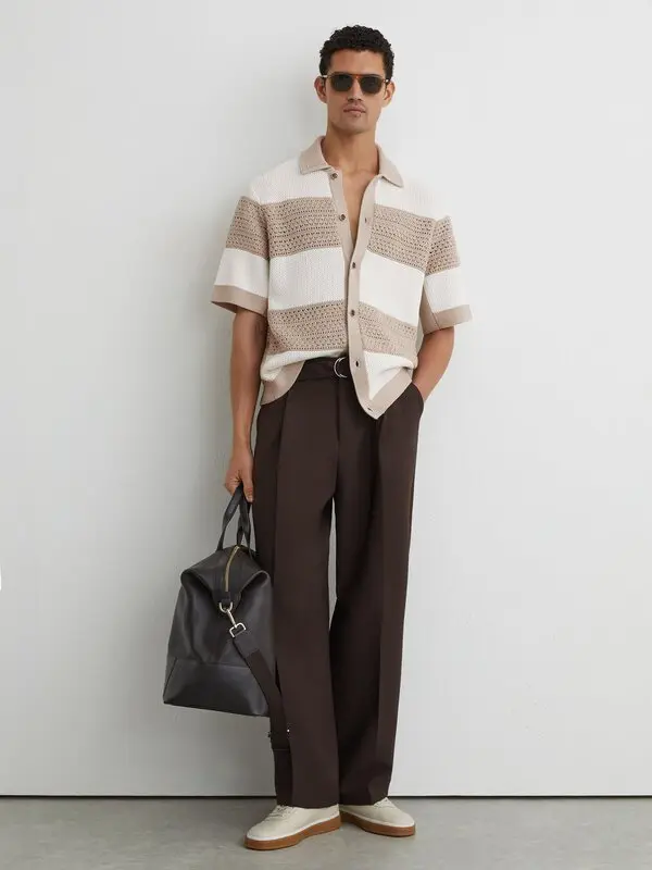 REISS White & Stone Cotton Block-stripe Knitted Shirt