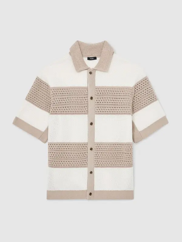 REISS White & Stone Cotton Block-stripe Knitted Shirt