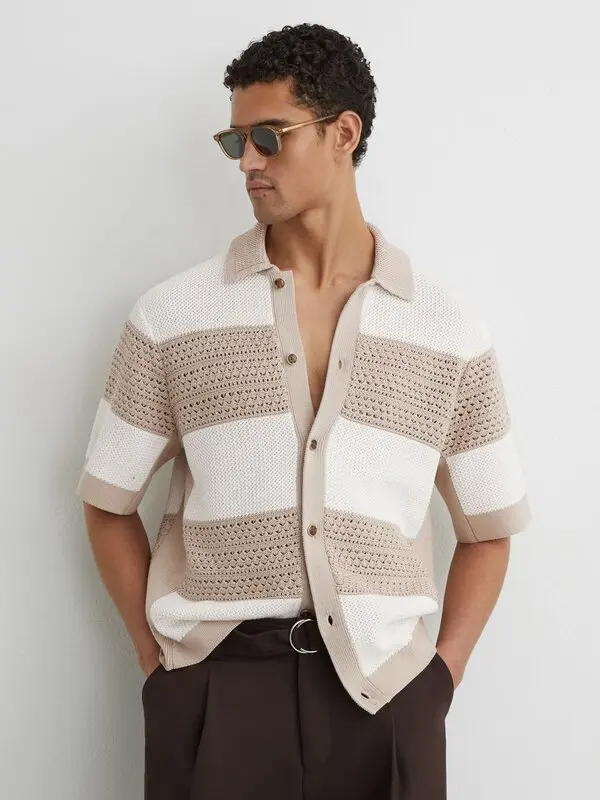 REISS White & Stone Cotton Block-stripe Knitted Shirt