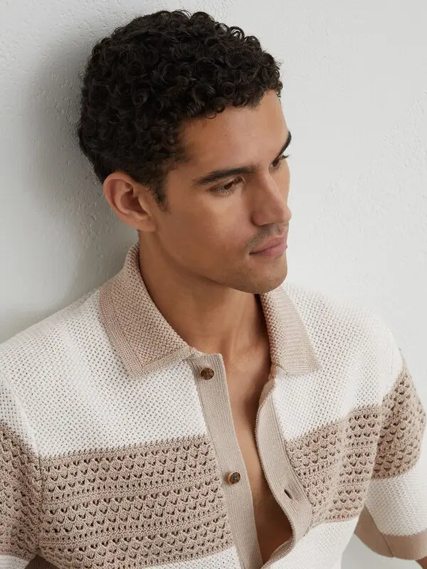 REISS White & Stone Cotton Block-stripe Knitted Shirt
