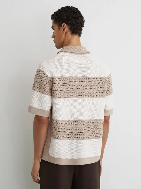 REISS White & Stone Cotton Block-stripe Knitted Shirt
