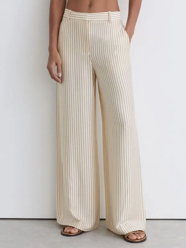 REISS Cream & Black Pinstripe Wide-leg Trousers - Cream/black