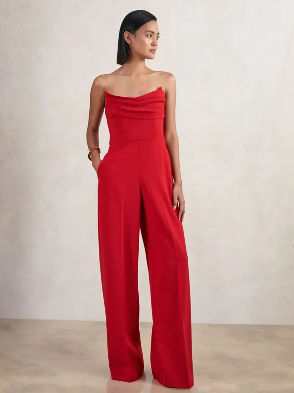 REISS Structured Strapless Wide-leg Jumpsuit - Red