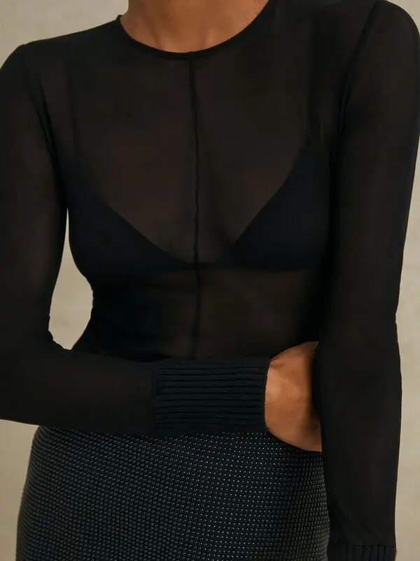 REISS Atelier Sheer-jersey Rib-cuff Top - Black