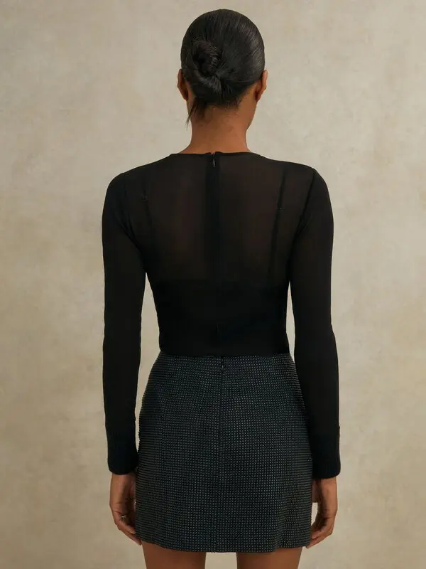 REISS Atelier Sheer-jersey Rib-cuff Top