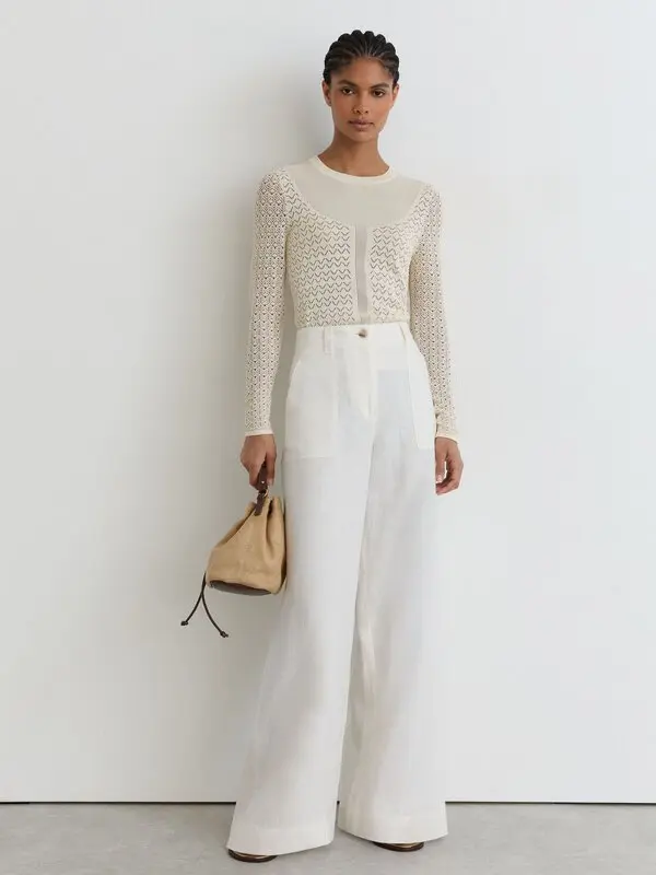 REISS Pointelle-knit Long-sleeve Top