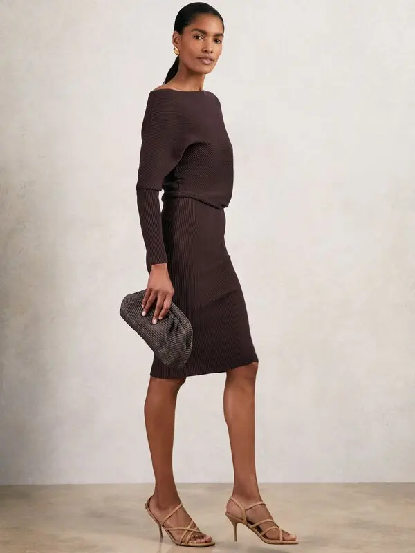 REISS Ribbed Off Shoulder Midi Dress - Brown