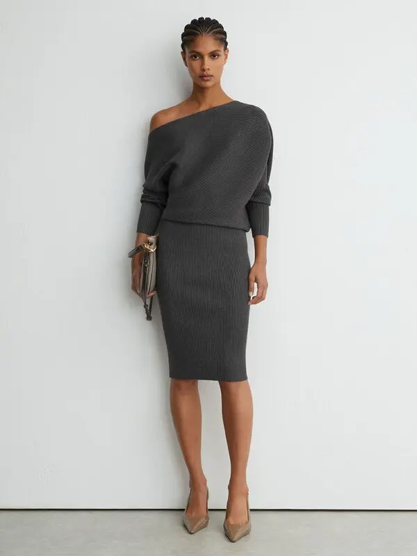 REISS Ribbed Off Shoulder Midi Dress - Charcoal Grey
