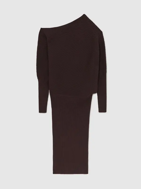 REISS Ribbed Off Shoulder Midi Dress - Plum Purple