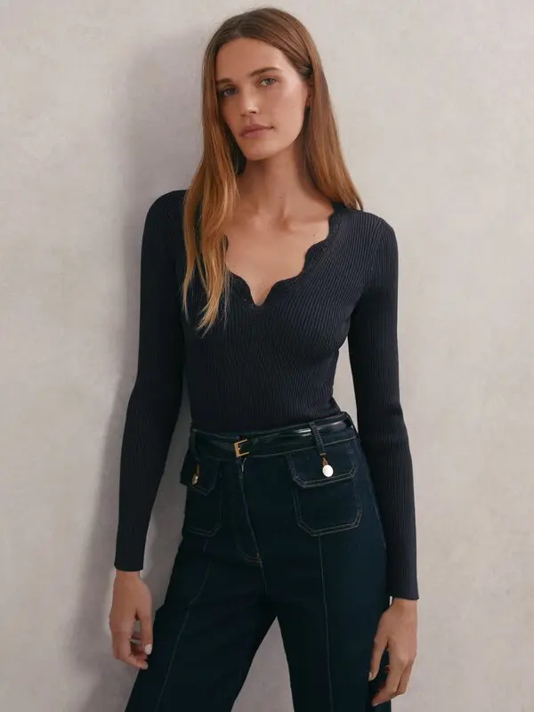 REISS Lara Crochet-trim Rib-knit Top