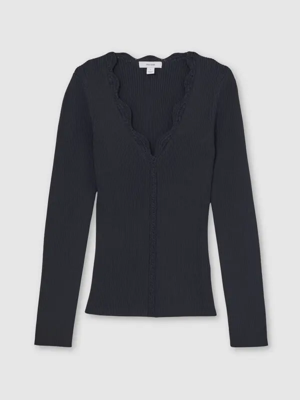 REISS Lara Crochet-trim Rib-knit Top
